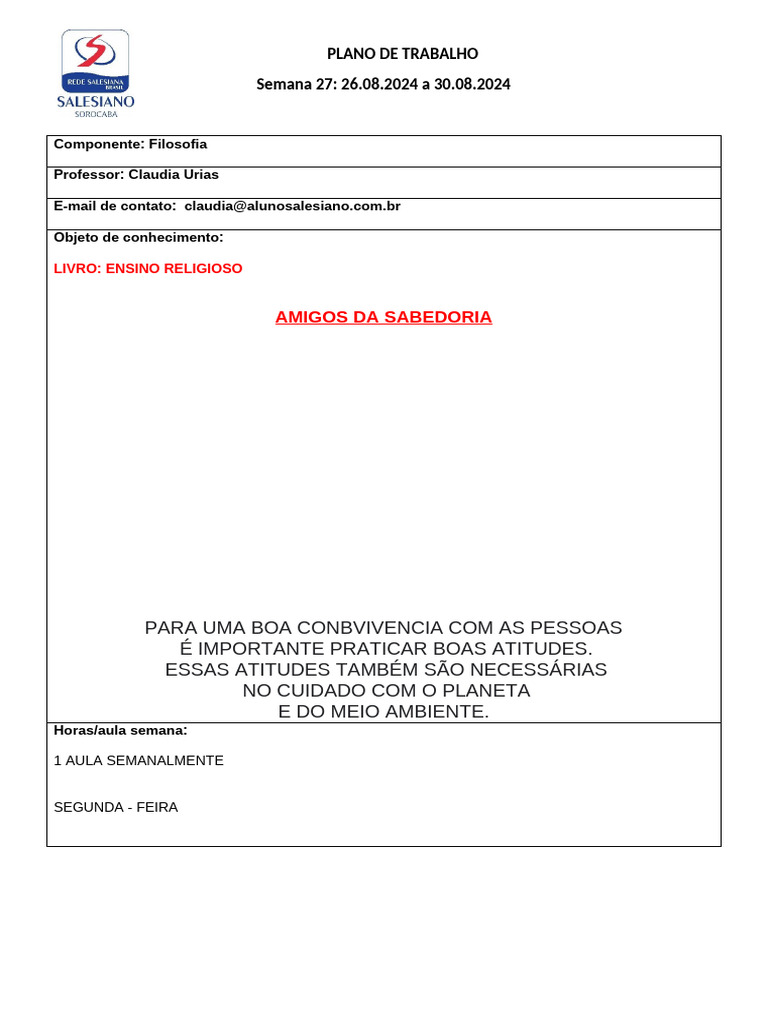 Plano de Trabalho 1ANO - FILOSOFIA - Sem 272024 | PDF