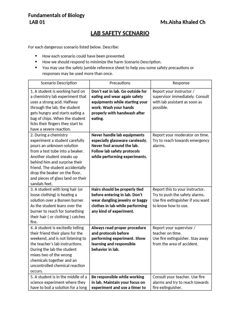 Lab - Safety - Scenario Cell Biology | PDF | Experiment | Wellness