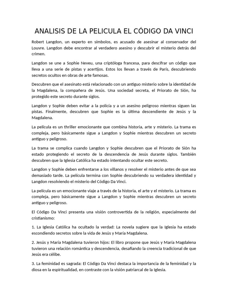 Analisis de La Pelicula El Código Da Vinci 1 | PDF
