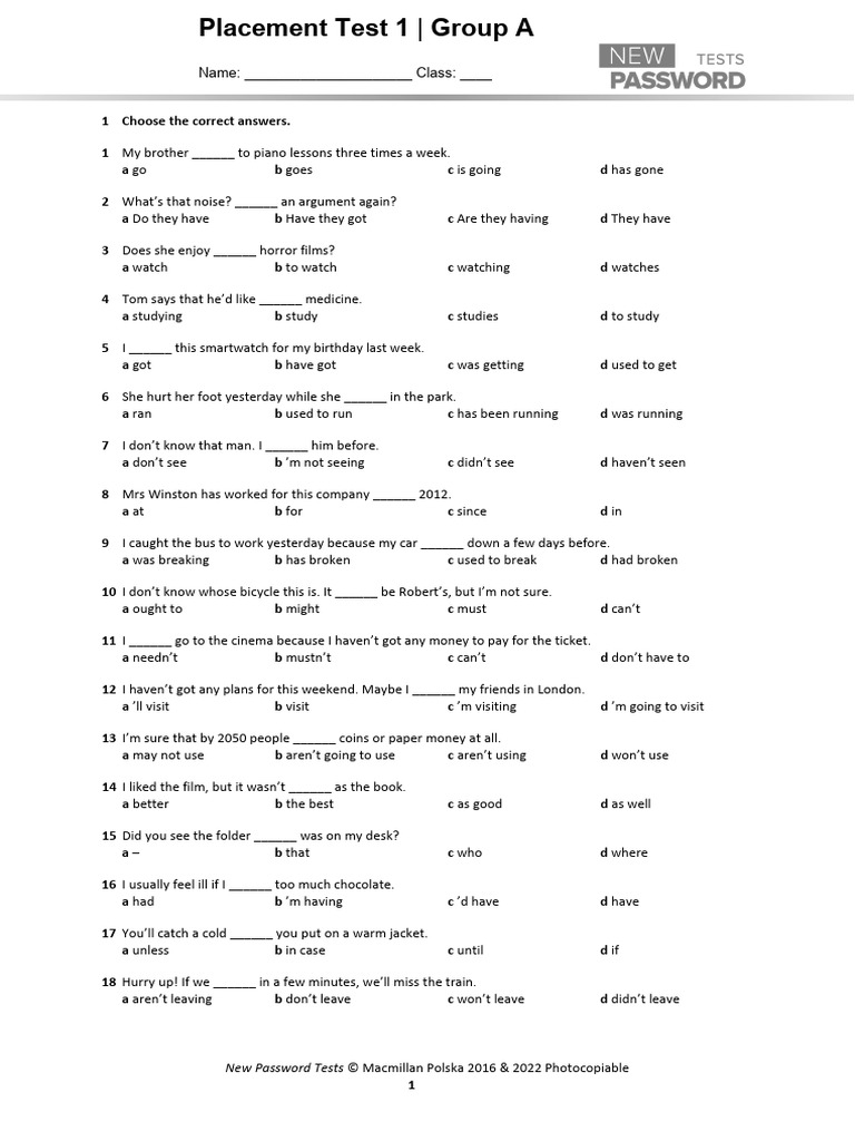 New Password Placement Test 1A | PDF