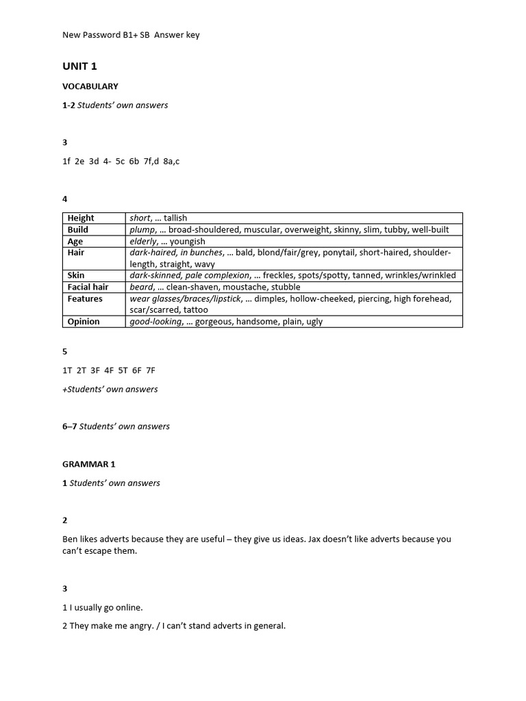 New Password B1 SB Answer Key | PDF