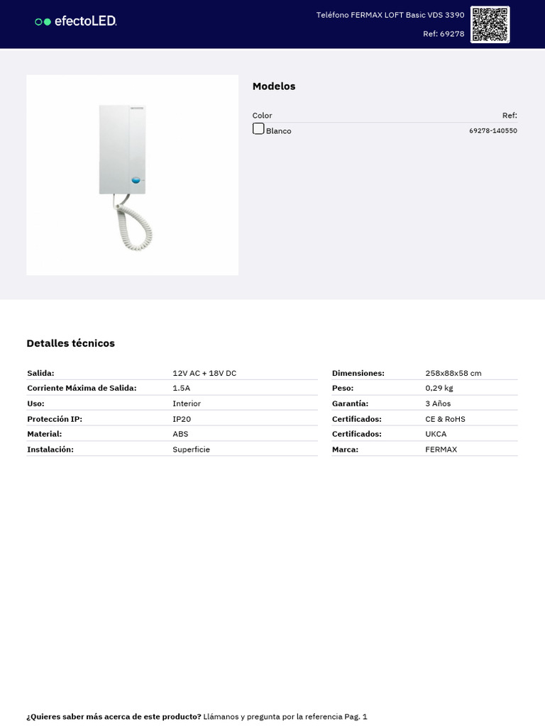 Teléfono FERMAX LOFT Basic VDS 3390 | PDF