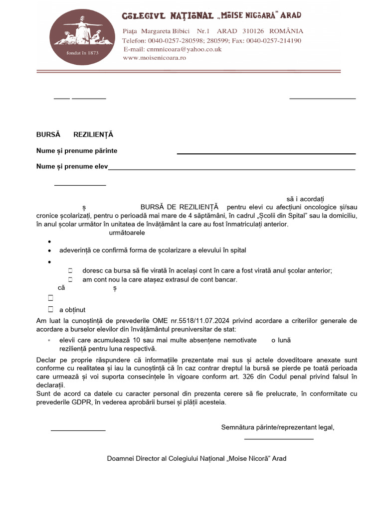 Cerere Bursa Rezilienta Afectiuni 2024 2025 | PDF