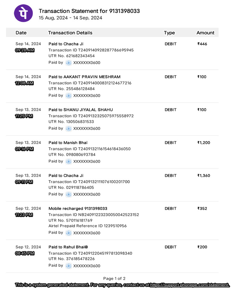 PhonePe Statement Aug2024 Sep2024 | PDF