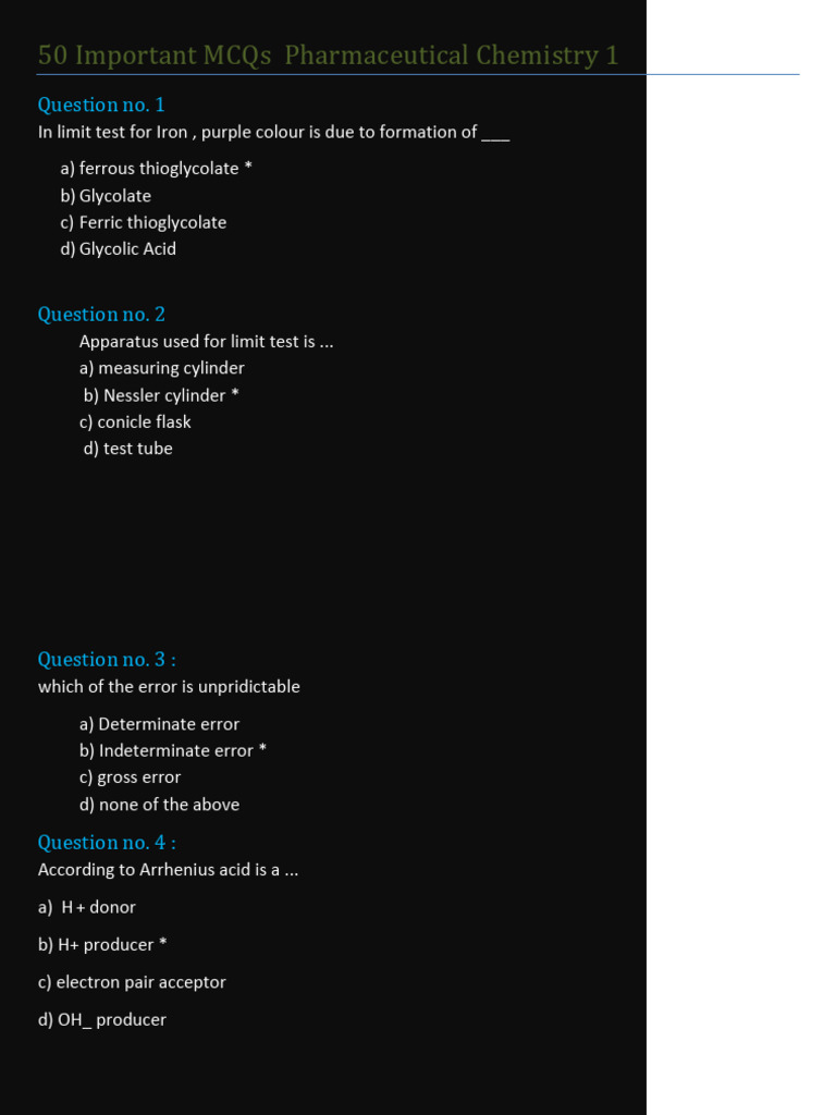 50 Important MCQs Pharmaceutical Chemistry First | PDF