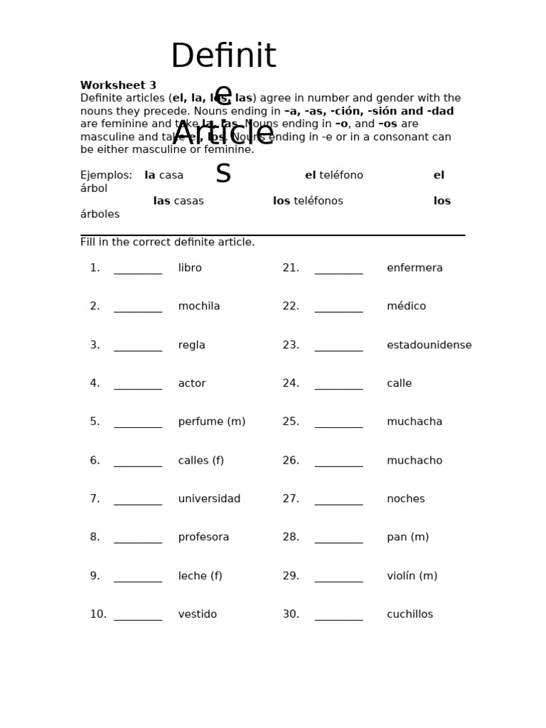 SPAN1001-Worksheet 3 -DEFINITE ARTICLES AND GENDER OF NOUNS | PDF