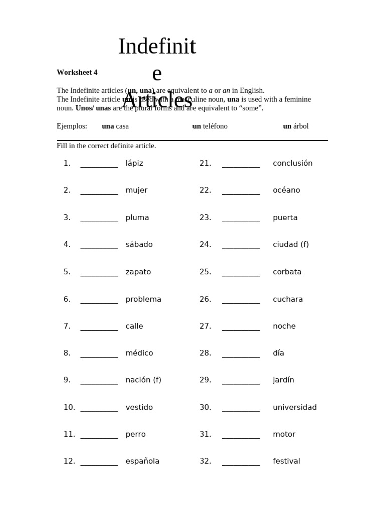 SPAN1001-Worksheet 4 - INDEFINITE ARTICLES | PDF