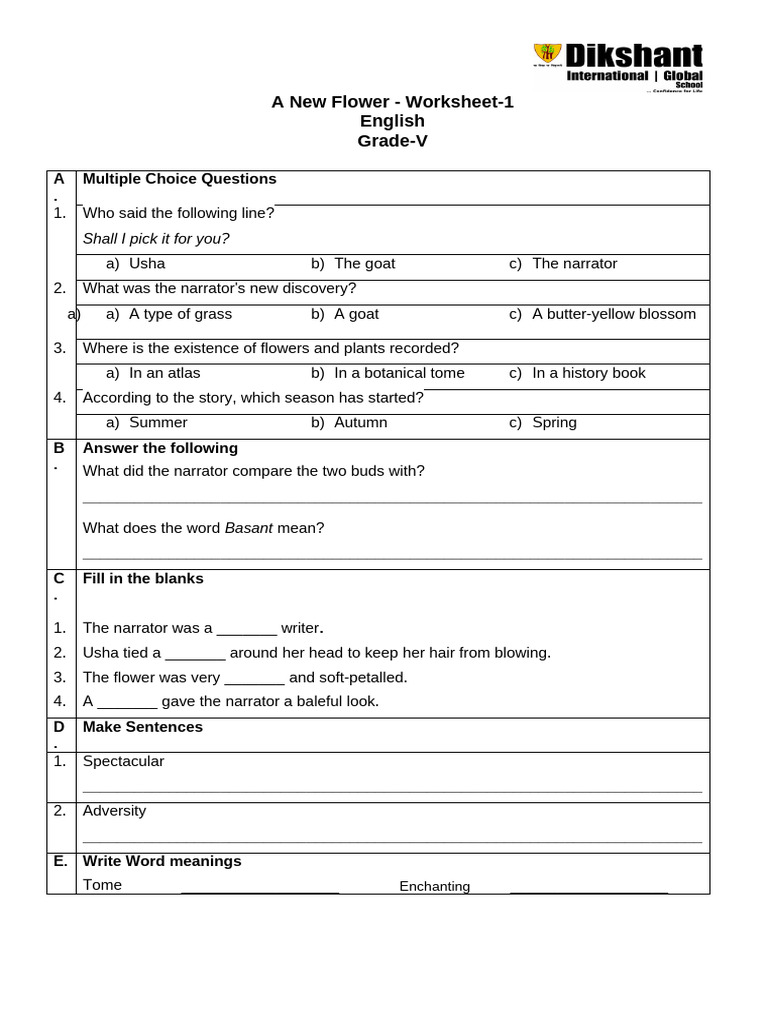 A New Flower - Worksheet - Grade5 | PDF