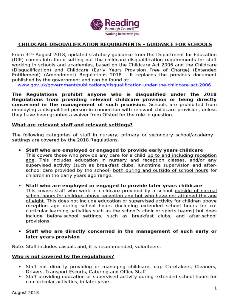 Childcare Disqualification Updated September 2018 v2 | PDF | Child Care ...