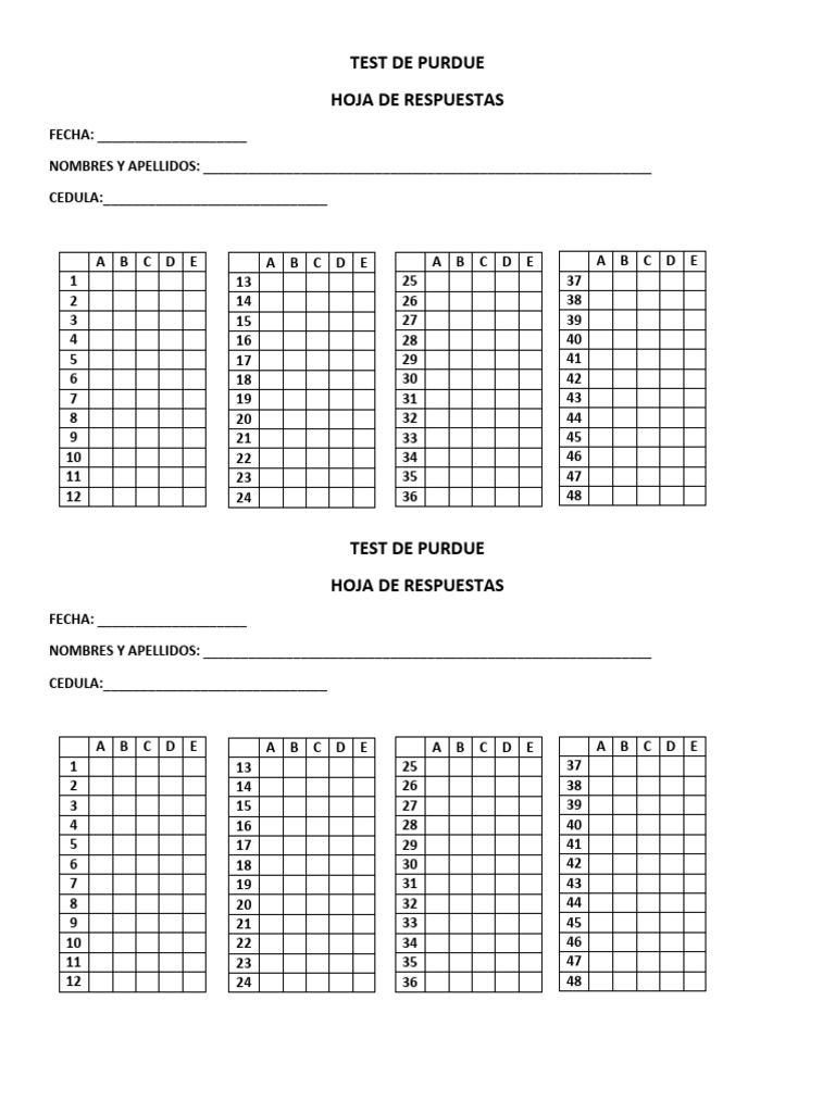 HOJA DE RESPUESTA TEST DE PURDUE | PDF