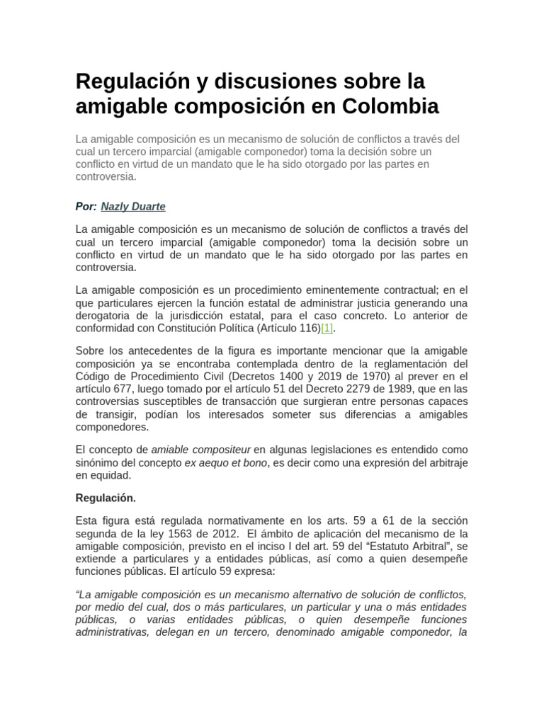 Regulación y Discusiones Sobre La Amigable Composición en Colombia | PDF