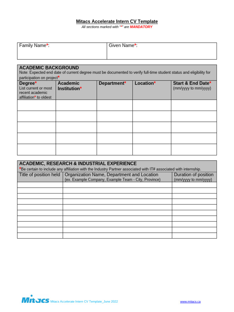 Mitacs Accelerate Intern CV Template | PDF