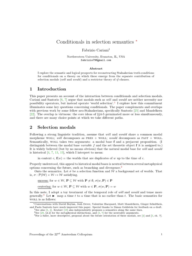 Cariani. Conditionals - in - Selection - Semantics - AC2019 | PDF | Modal Logic | Logical ...