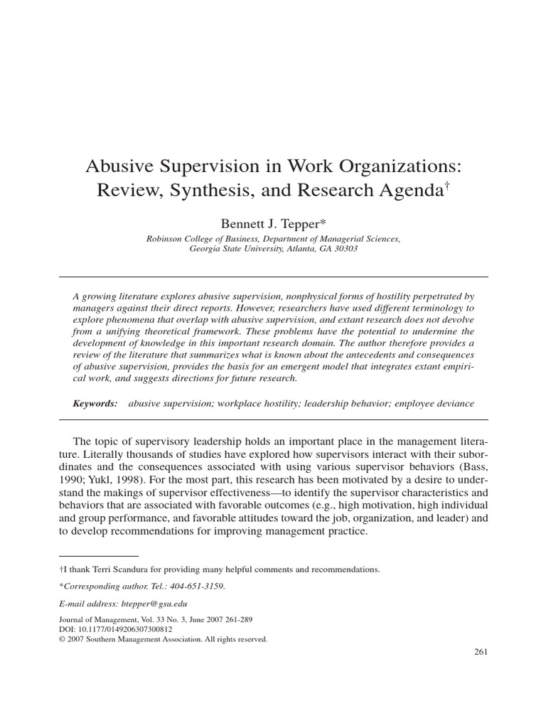 Tepper 2007 Abusive Supervision in Work Organizations Review Synthesis ...