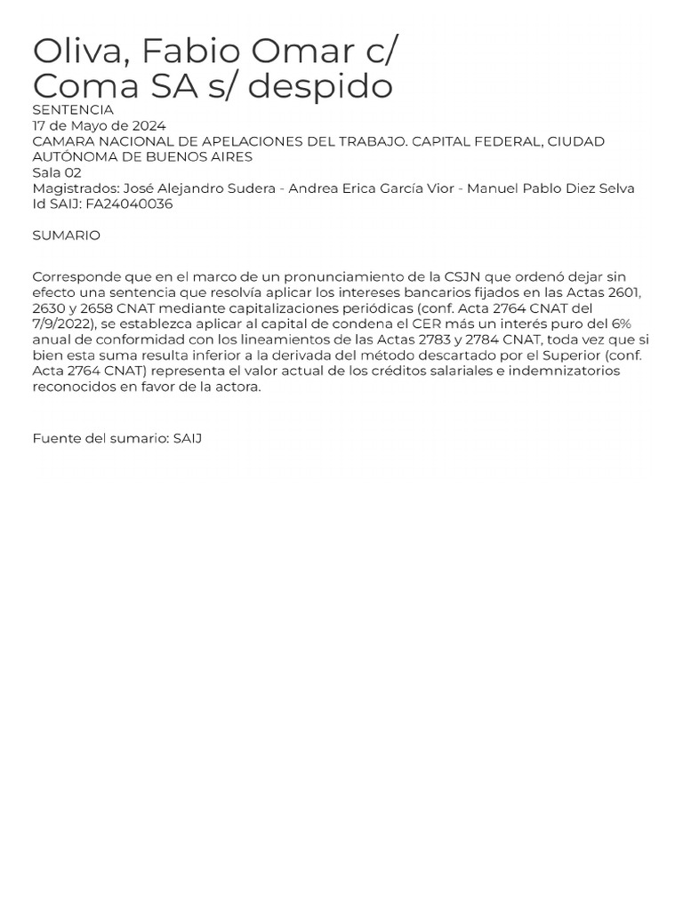 Oliva, Fabio Omar C - Coma SA S - Despido | PDF