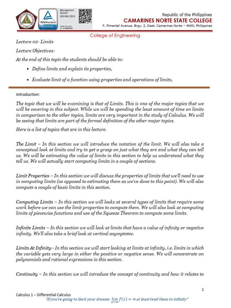 Lecture 02 Limits | PDF