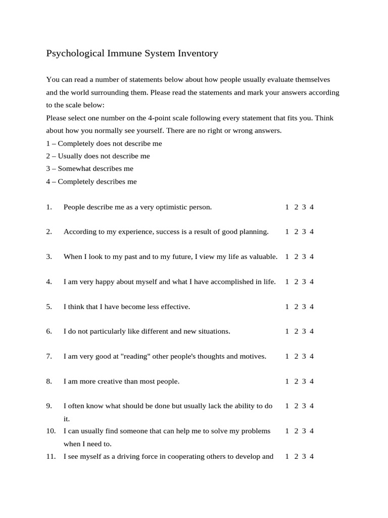 Psychological Immune System Inventory 0 | PDF