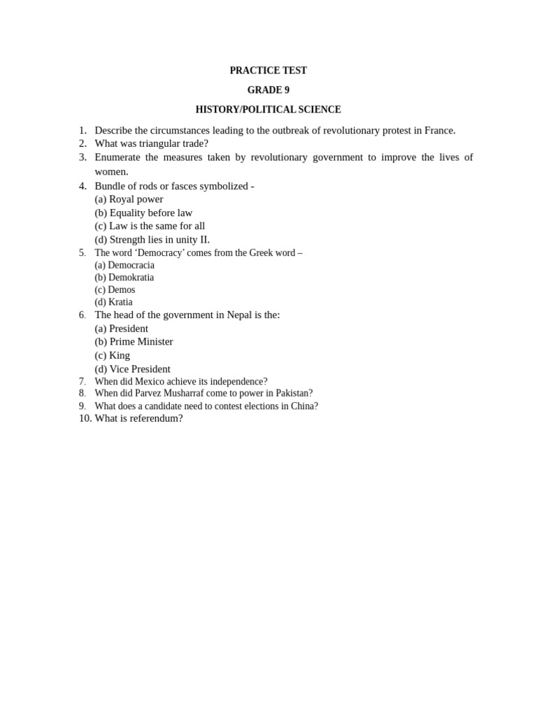 Grd 9 Practice Test Ui 2 His Civ | PDF