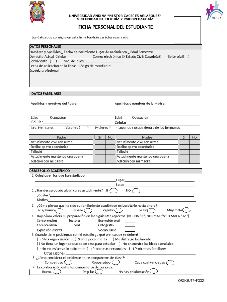 (FICHA PERSONAL DEL ESTUDIANTE) | PDF