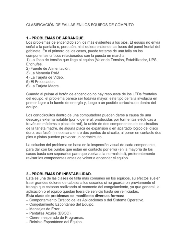 Clasificación de Fallas en Los Equipos de Cómputo | PDF
