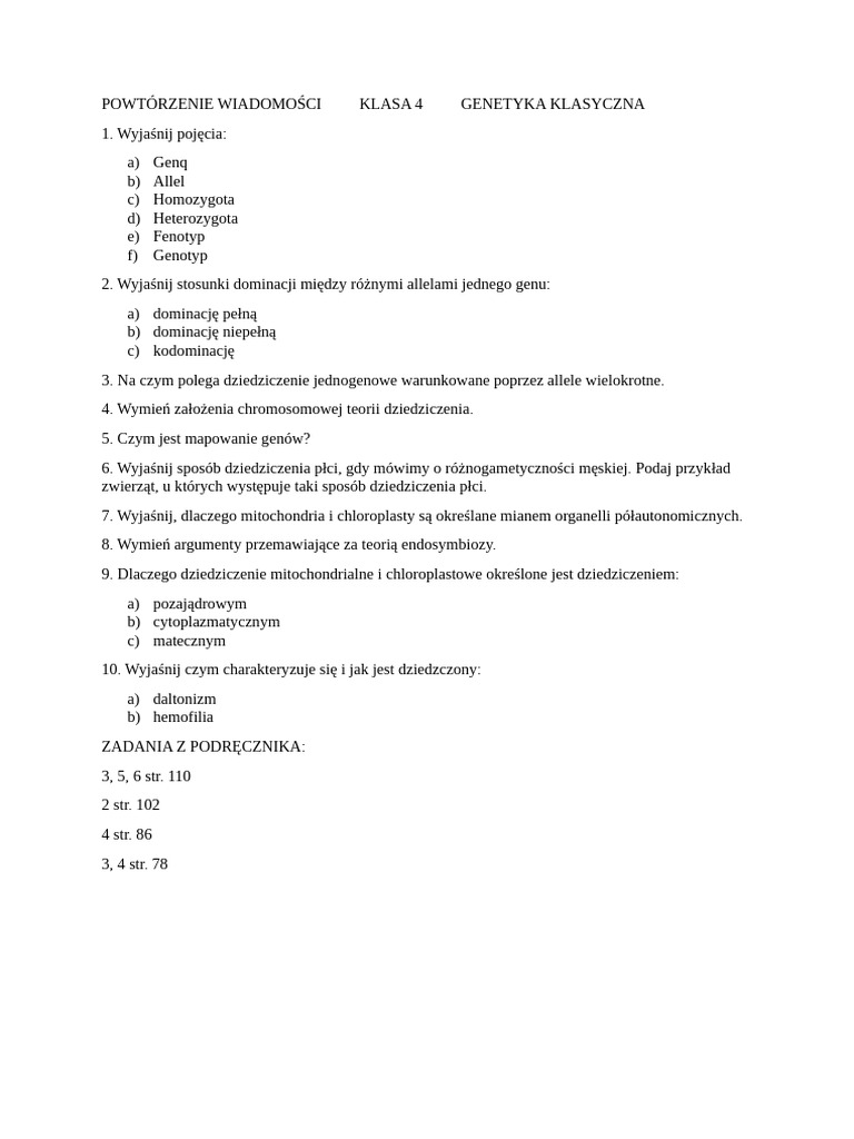 Genetyka Klasyczna Powtórzenie | PDF