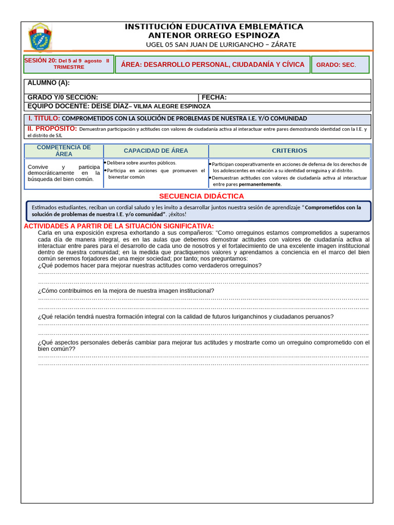 SESIÓN 20. DPCC 2° SEC. 2024. Ficha | PDF | Escuelas | Sicología