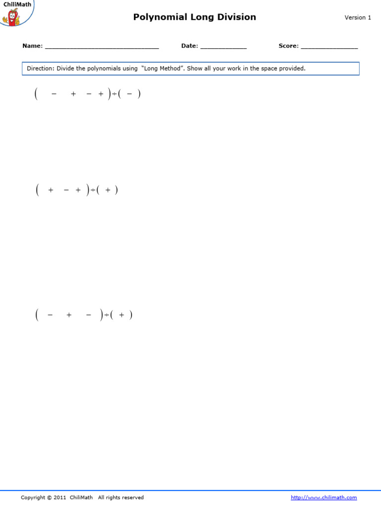 GR7 Worksheets Polynomial Long Division Method Version 1 | PDF