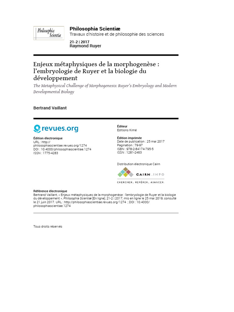 Enjeux Metaphysiques de La Morphogenese Lembryologie de Ruyer Et La ...