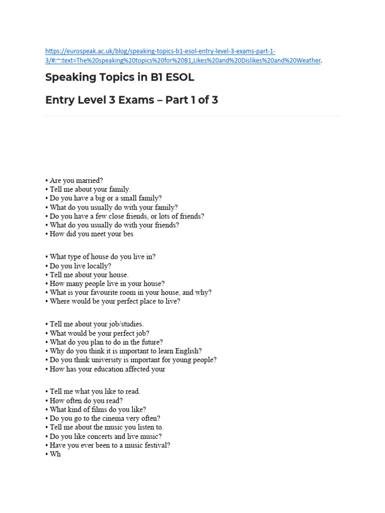 Speaking Questions For B1 | PDF