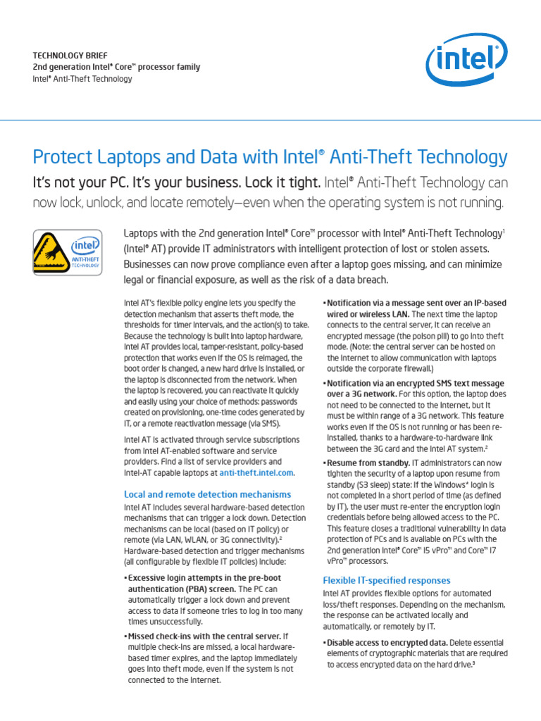 Mobile Computing Protect Laptops and Data With Intel Anti Theft Technology Brief | PDF