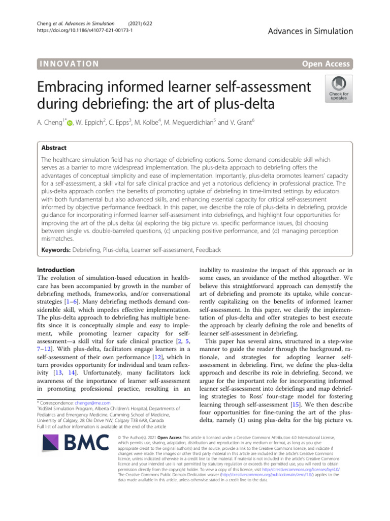 Embracing informed learner self-assessment durind debriefing the art plus-delta | PDF