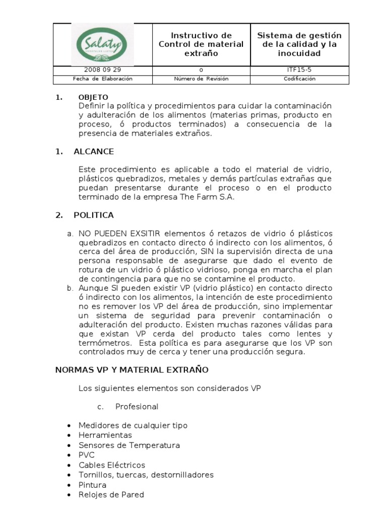 5. Control de material extraño