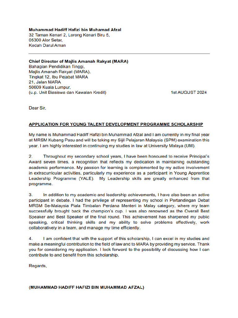 (Letter) S020 - Muhammad Hadiff Hafizi Bin Muhammad Afzal - 1 | PDF