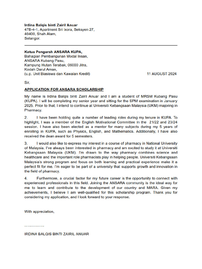 (Letter) S017 - Irdina Balqis Binti Zairil Anuar - 1 | PDF