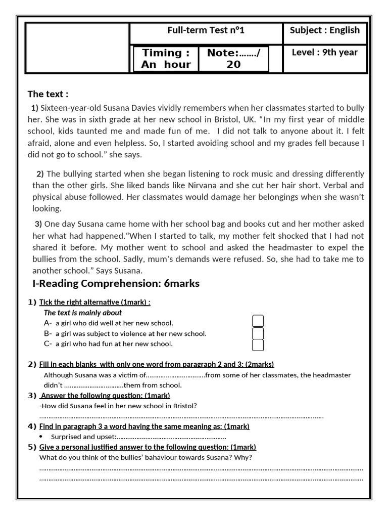 End of Term Test N°1 - 9th Form | PDF