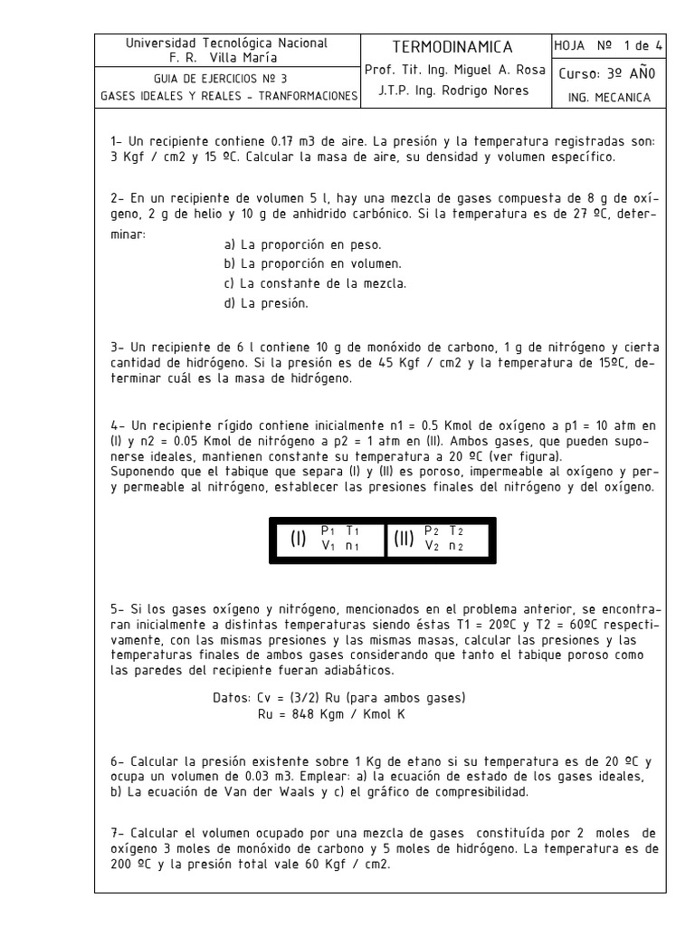 Guía TP Nº3 - Gases Ideales y Reales. Transformaciones - Ing - Mecánica UTN FRVM | PDF