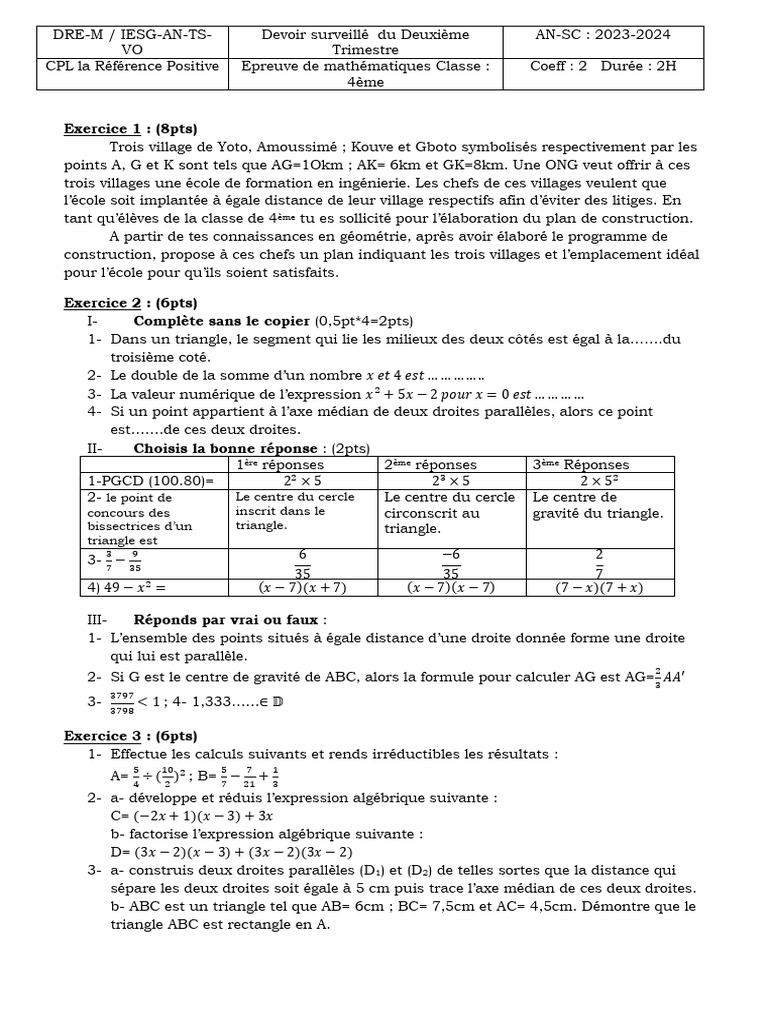 Epreuve de Math 4ème | PDF