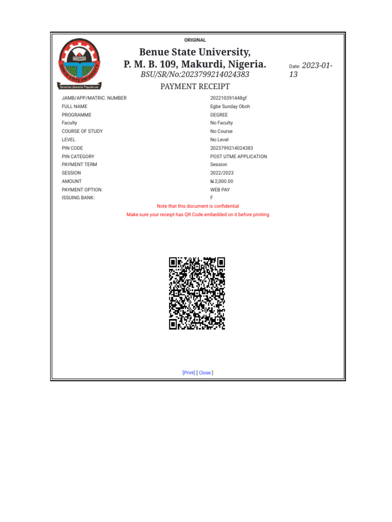 Benue State University, Makurdi _ Payment Receipt | PDF