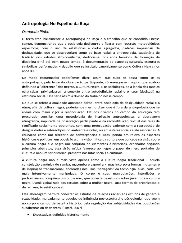Antropologia No Espelho Da Raça - Osmundo Pinho | PDF