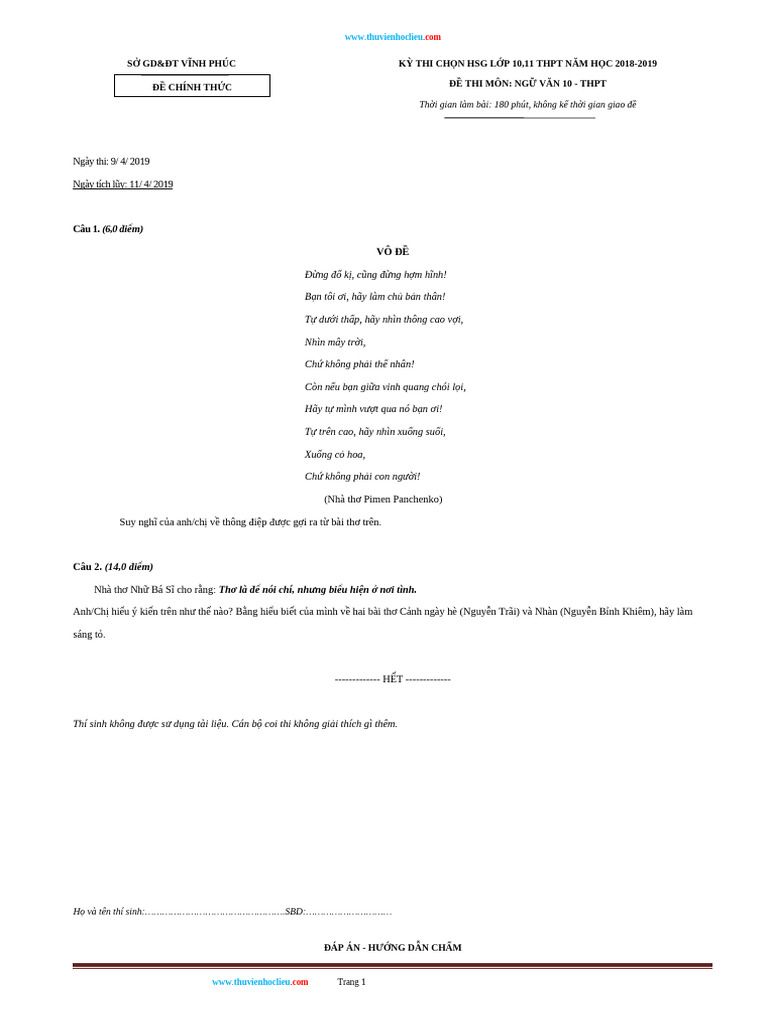 De Thi HSG Van 10 VINH PHUC 2019 | PDF