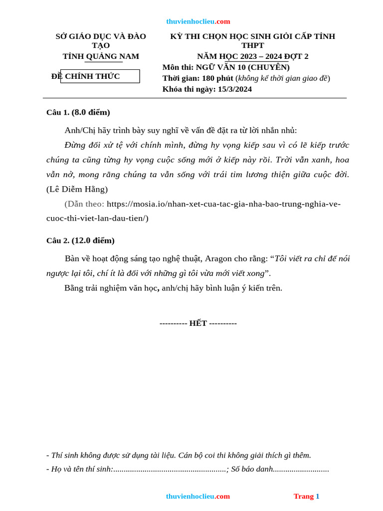 Thuvienhoclieu.com de Thi HSG Ngu Van 10 Chuyen Quang Nam 23 24 | PDF