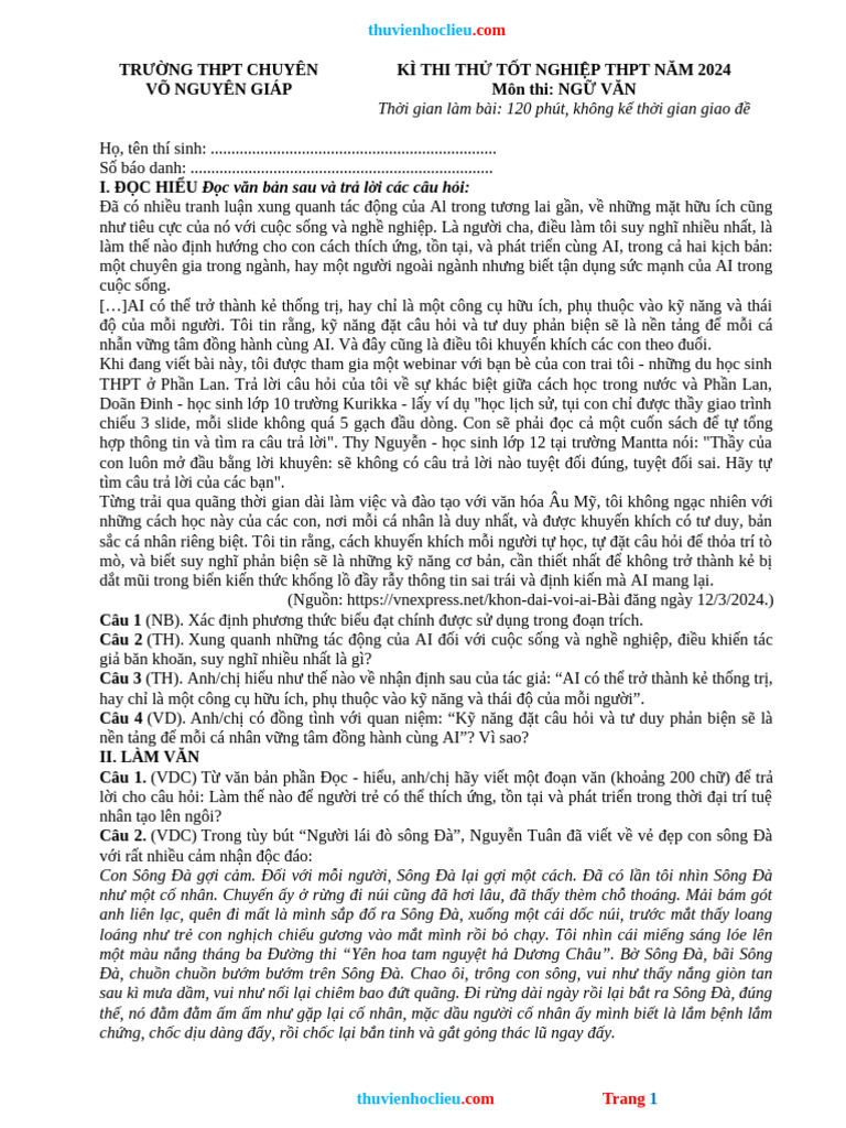 De Thi Thu TN THPT Ngu Van 2024 CHUYEN VO NGUYEN GIAP | PDF