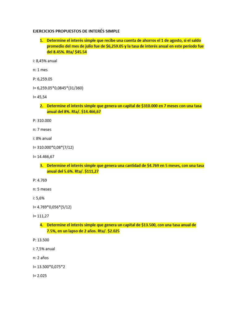 Ejercicios Propuestos de Interés Simple | PDF