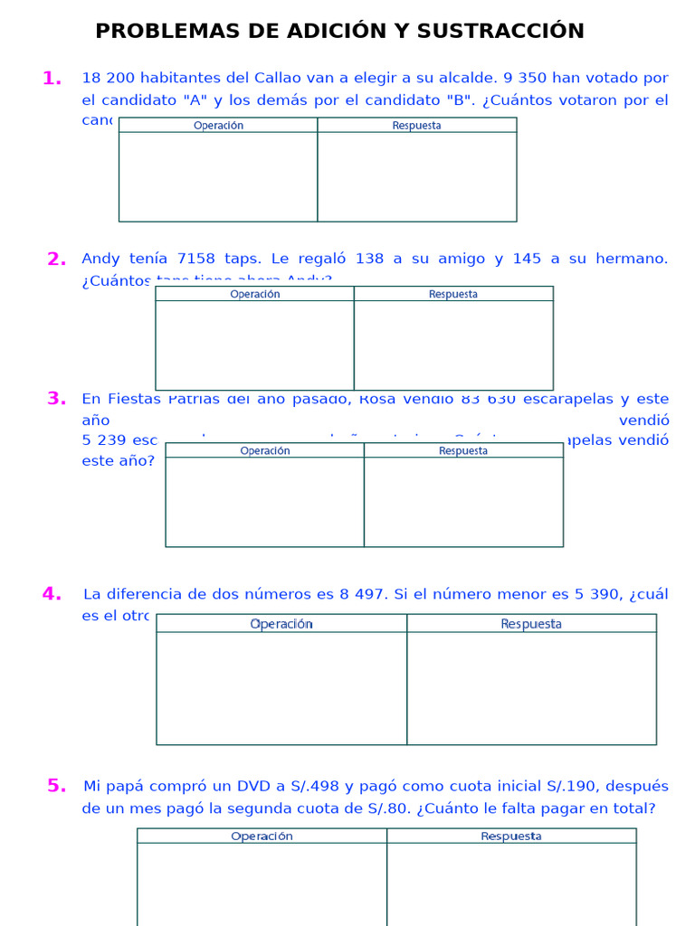 Problemas de Adición y Sustracción para Cuarto Grado de Primaria | PDF