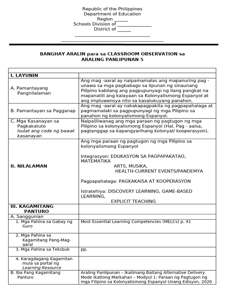 Co Lesson Plan Araling Panlipunan 5 Quarter 3 | PDF