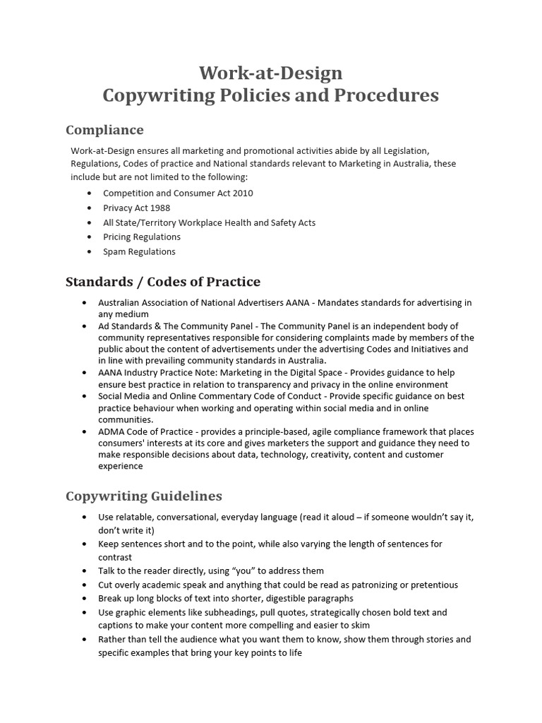 Work-at-Design Copywriting Policies and Procedures | PDF