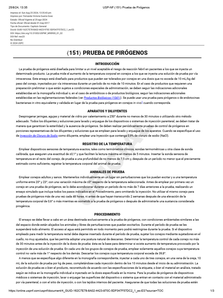 USP-NF 151 Prueba de Pirógenos | PDF