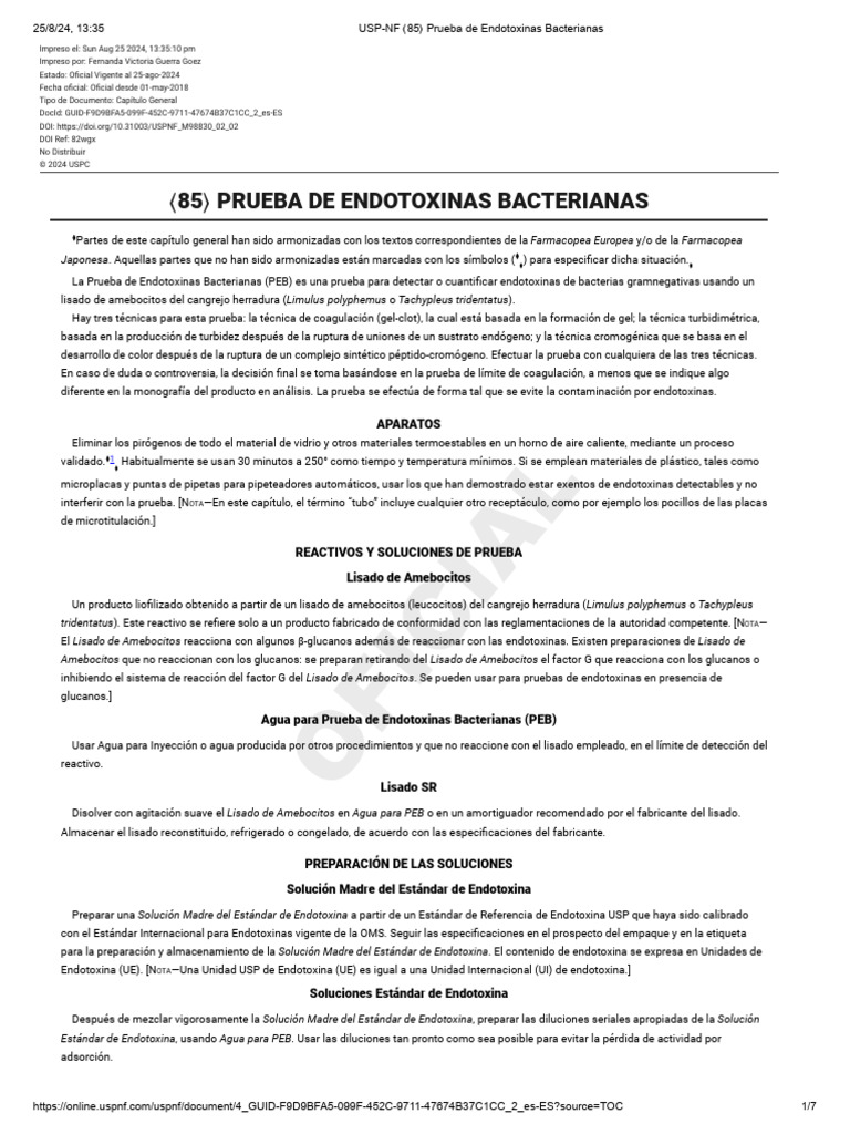 USP-NF 85 Prueba de Endotoxinas Bacterianas | PDF