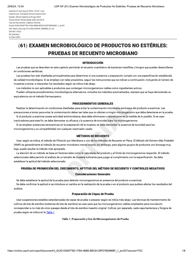 USP-NF 61 Examen Microbiológico de Productos No Estériles - Pruebas de Recuento Microbiano | PDF