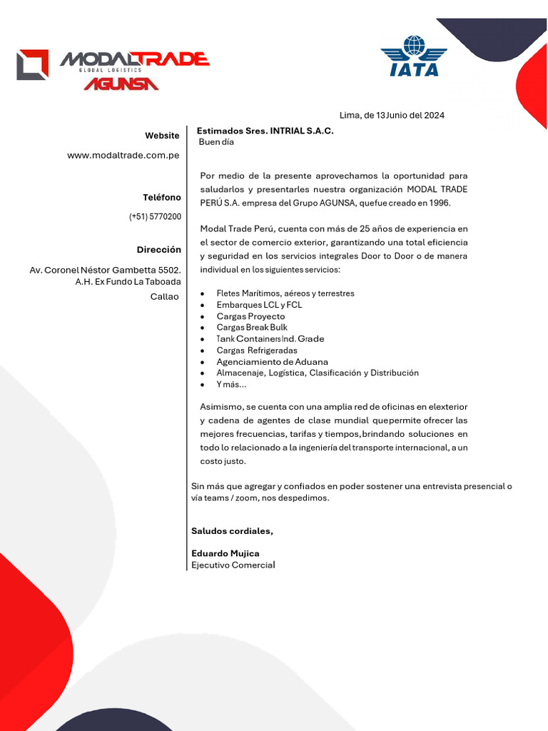 CARTA DE PRESENTACIÓN MODAL TRADE PERU | PDF